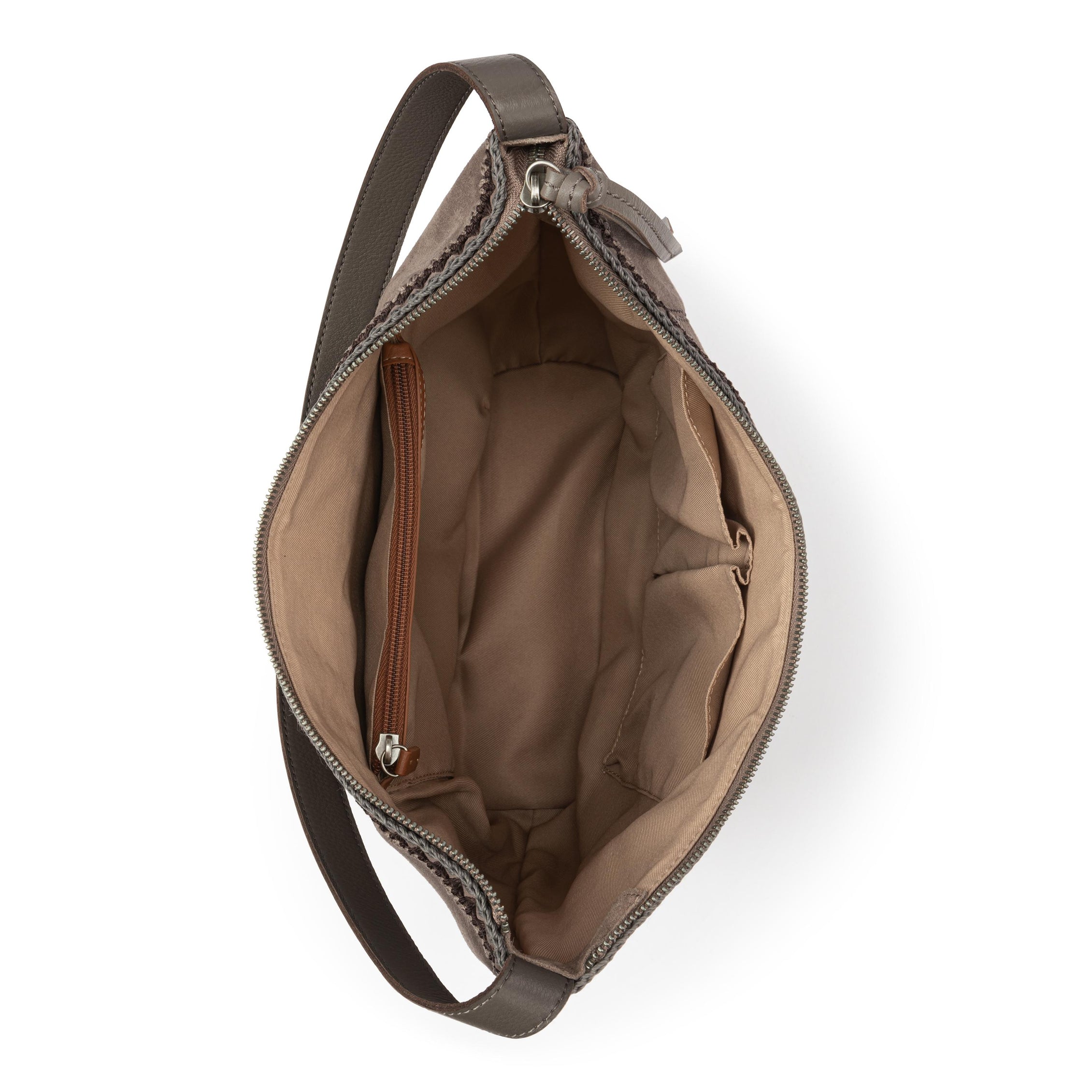 Sequoia Hobo - Leather - Mushroom Suede Blanket Stitch – The Sak